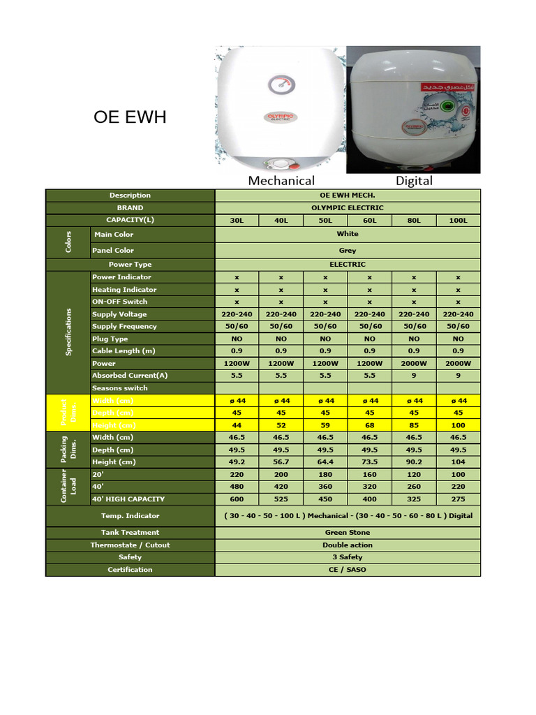 OE EWH Specifications | PDF | Physical Quantities | Electronic Engineering