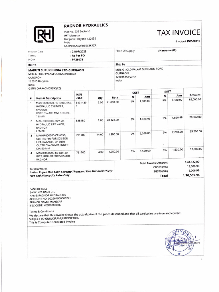 Maruti Suzuki Invoice for Ragnor Hydraulics | PDF | Economy Of Asia ...