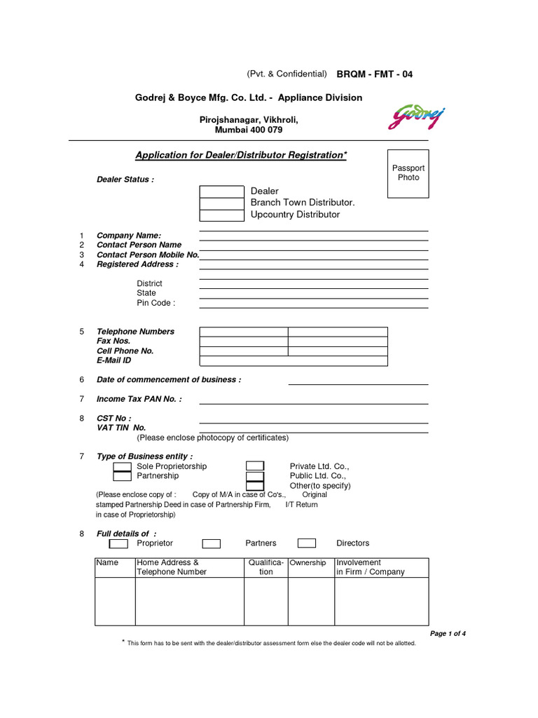 Distributor Registration Application Form | PDF | Banks | Sole ...
