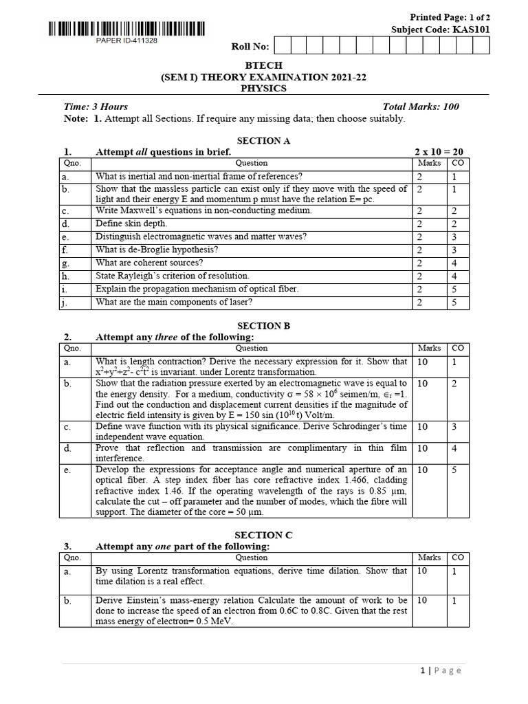btech-1-sem-physics-kas101-2022 | PDF | Light | Waves btech-1-sem-physics-kas101-2022 | PDF | Light | Waves