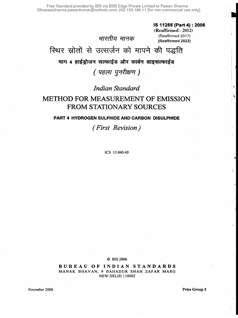 IS 11255 - 4 - 2006 - Reff2022 Methods For Measurement of Emissions ...