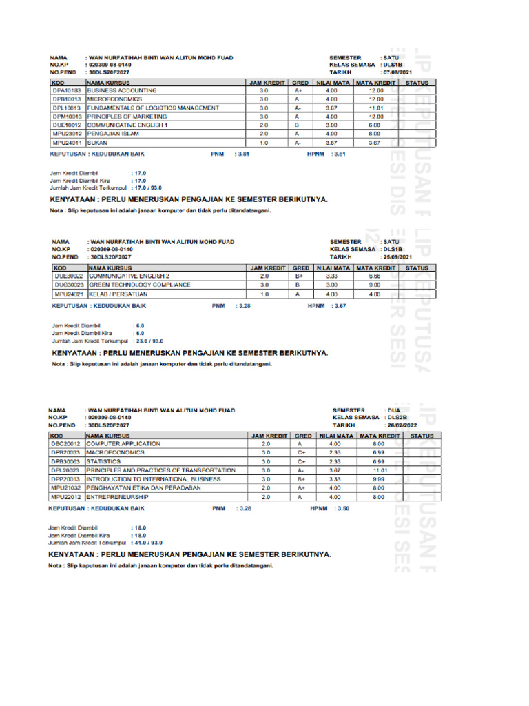 Transkrip Exam | PDF