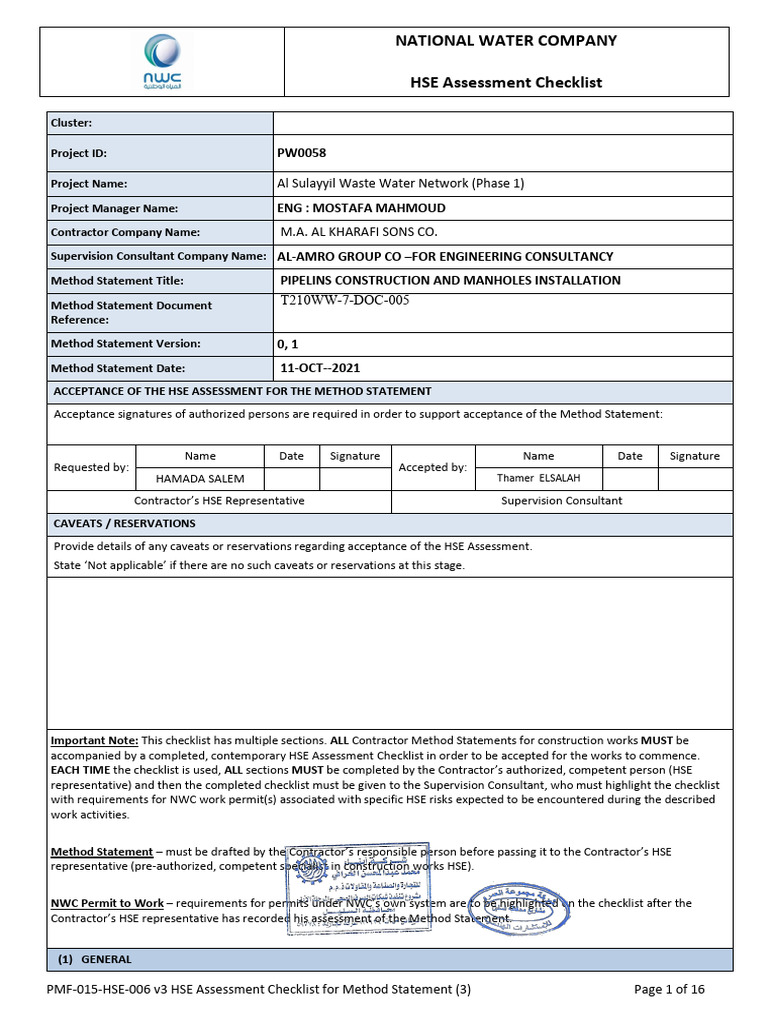 HSE Method Statement Checklist | PDF | Occupational Safety And Health ...