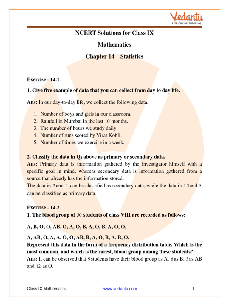 NCERT Solutions For Class 9 Maths Chapter 14 - Statistics - . | PDF ...
