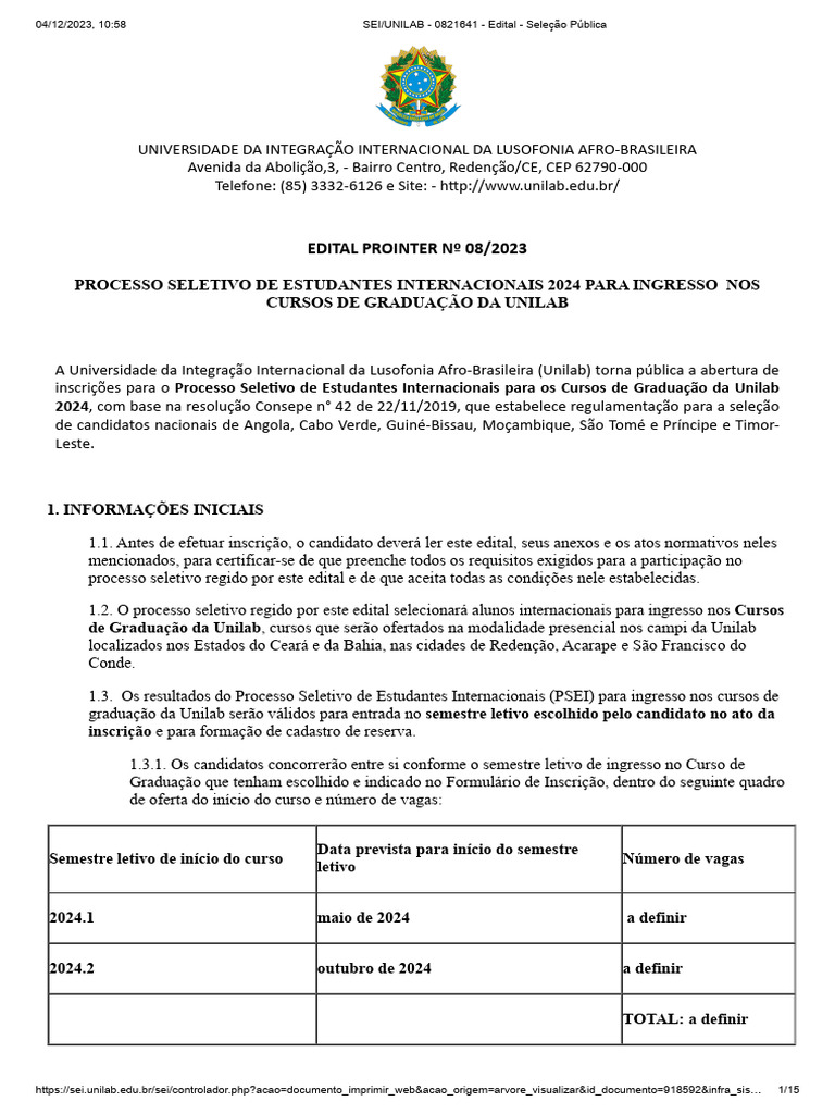 Edital Selecao Publica Unilab 08 2023 PSEI 2024 | PDF
