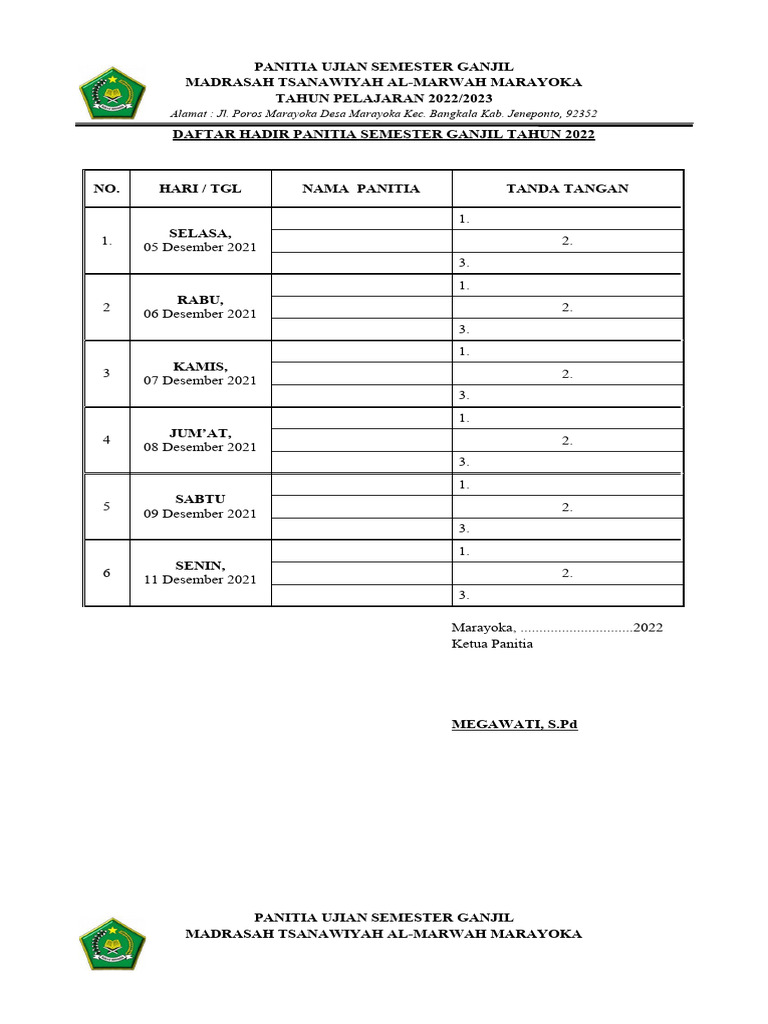 Daftar Hadir Panitia Dan Pengawas Semester Ganjil Ta. 2022 - 2023 | PDF