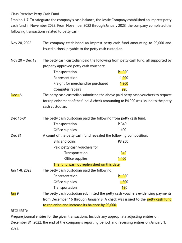 Class Exercise 1 PCF with answers | PDF | Cash | Money