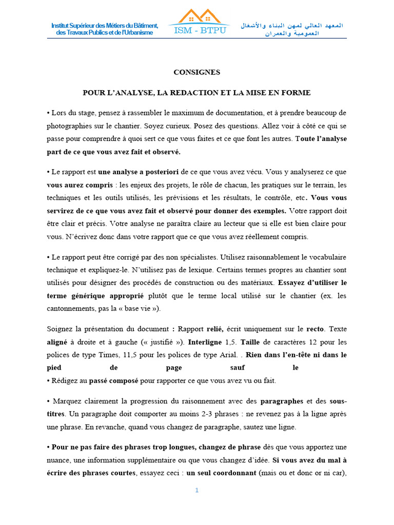 Consignes Rapport - Stage - 1 | PDF | Phrase | Verbe
