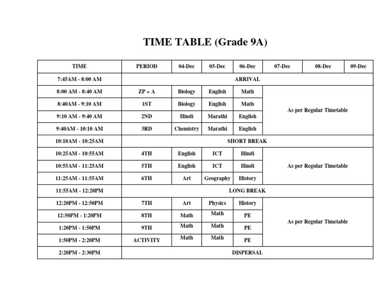 TIME TABLE Grade 9A | PDF
