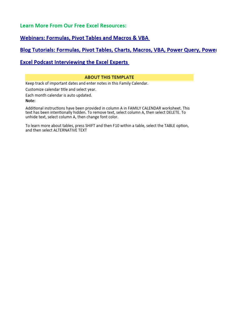 Family Calendar (Any Year, Sun-Sat) 1 | PDF | Microsoft Excel ...