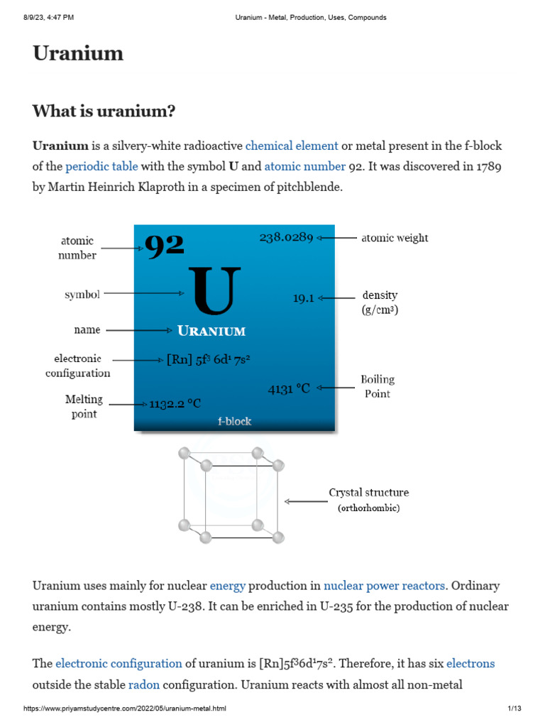 Uranium - Metal, Production, Uses, Compoundsاصلی مقاله | PDF | Uranium ...