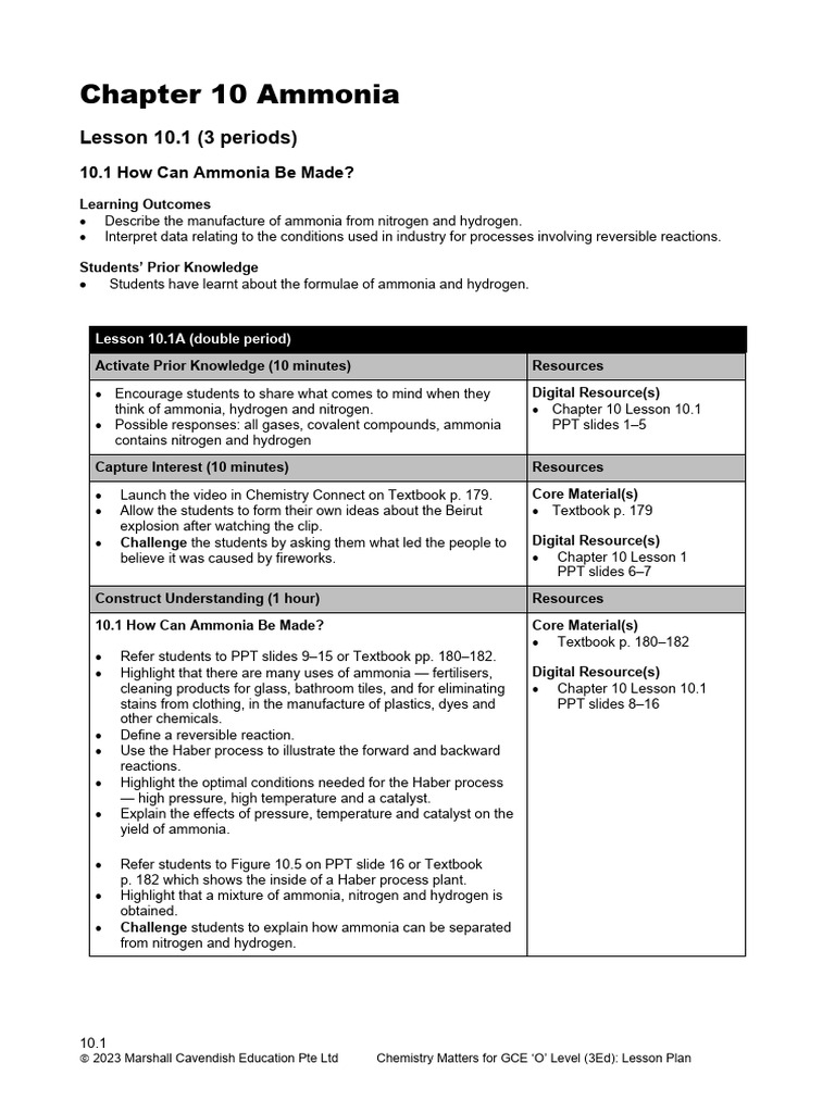 CM (3ed) - Lesson Plan - C104 | PDF | Ammonia | Chemical Reactions