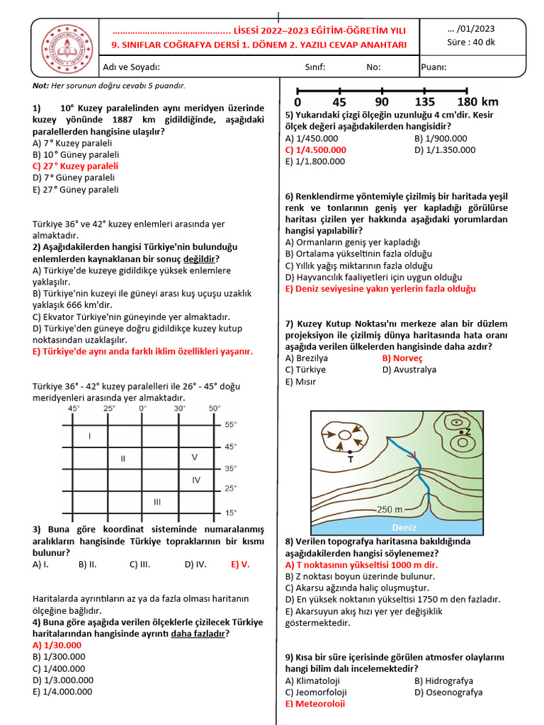 9 Sinif 1 Donem 2 Yazili II Cevap Anahtari 2022 2023 | PDF