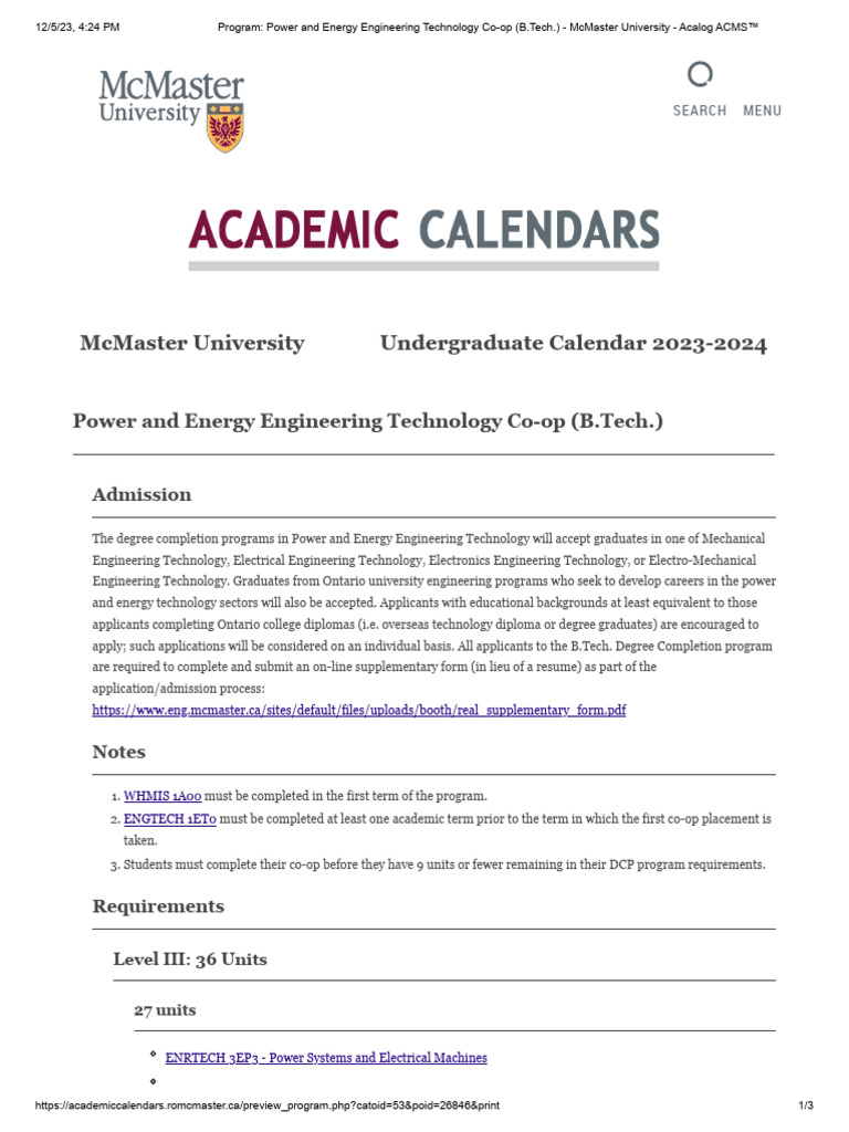 Program - Power and Energy Engineering Technology Co-Op (B.Tech.) - McMaster University - Acalog ...