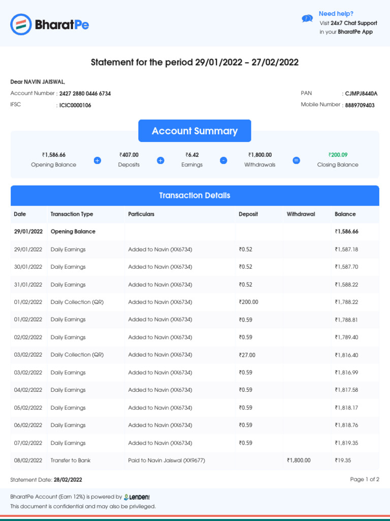 Statement For The Period 29/01/2022 - 27/02/2022: Account Summary ...
