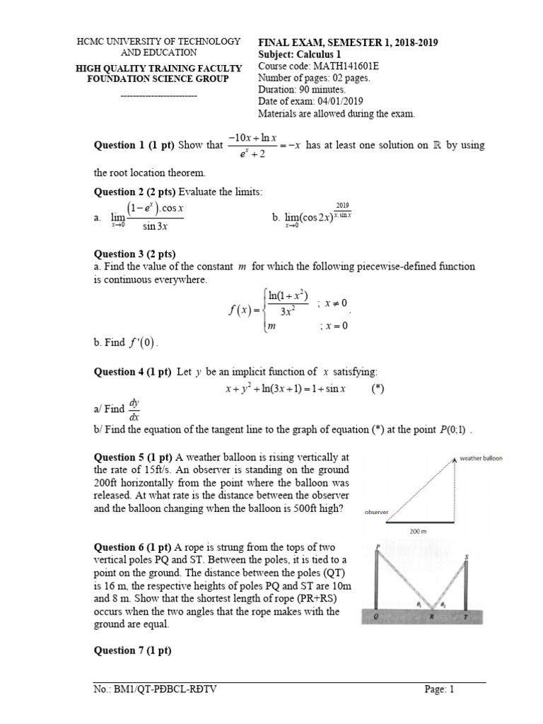 5 Calculus Final Test 2018-2019 Semester 1 | PDF | Derivative ...