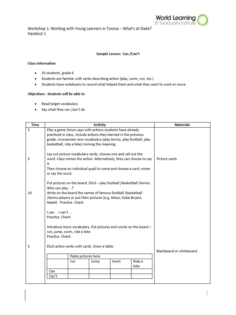 Working With YL - Sample Lesson - Handout 1 | PDF | Vocabulary | Cognition