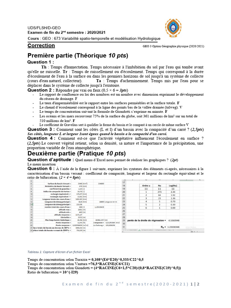 Corrigé Modélisation en Hydrologie 2023 | PDF