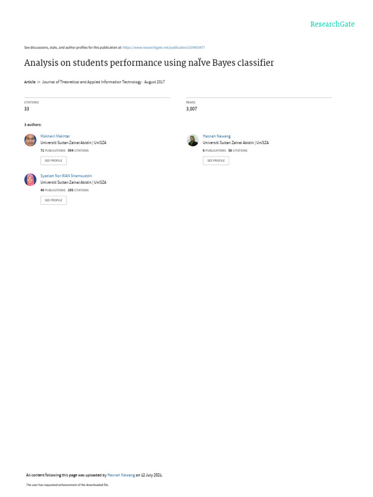 Analysison Students Performance Using Naive Bayes Classifier | PDF | Statistical Classification ...