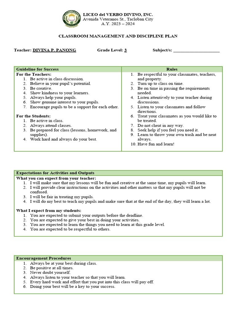 Class Management and Discipline Plan | PDF | Teachers | Pedagogy