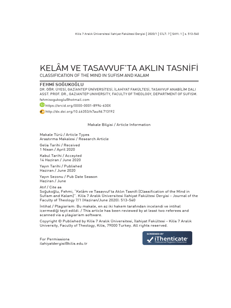 Kelâm Ve Tasavvuf'ta Aklin Tasni̇fi̇ | PDF
