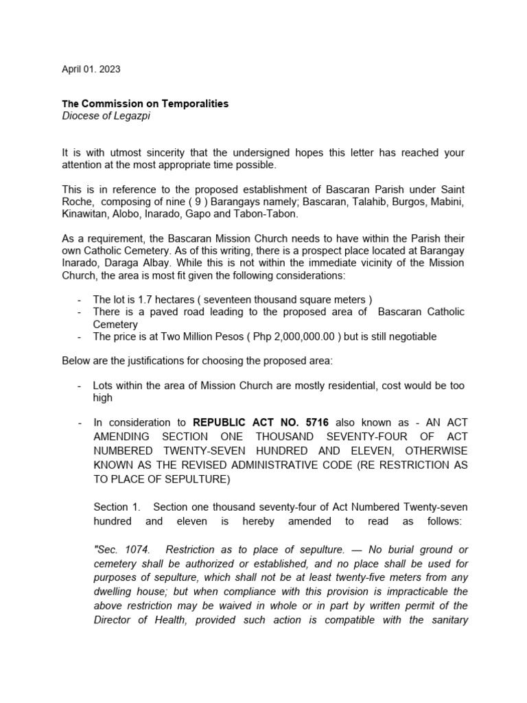 Letter Proposal Catholic Cemetery | PDF | Cemetery