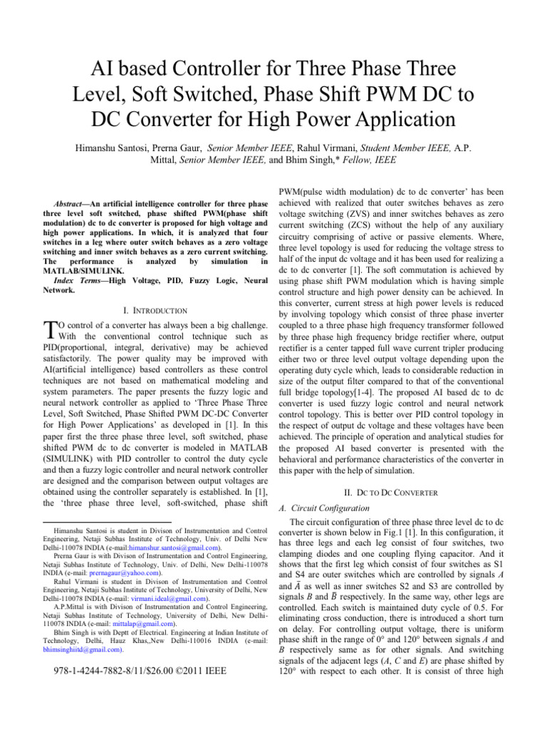 AI Based Controller For Three Phase Three Level, Soft Switched, Phase Shift PWM DC To DC ...