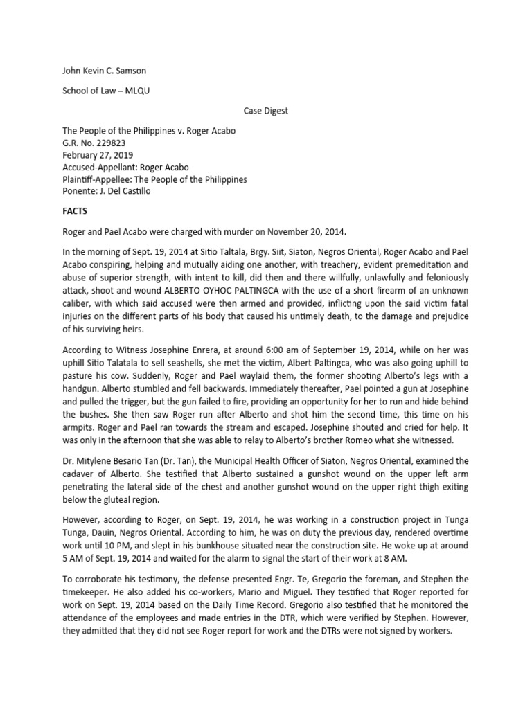 Case Digest: People vs. Roger Acabo | PDF | Testimony | Prosecutor