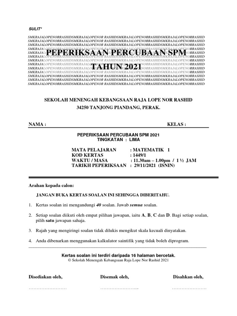 2021 Perak - SMK - Raja - Lope Math K2 (BM Only) | PDF