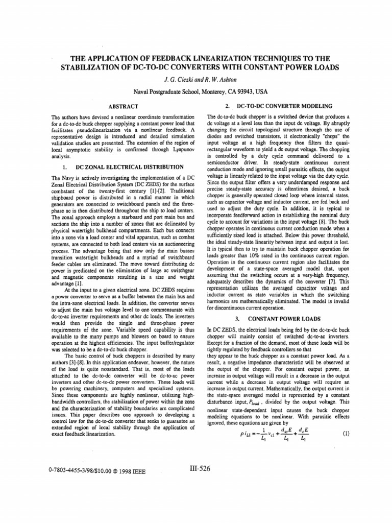 fEEDBACK LINEARIZATION TEC NIQUES TO THE OF DC-TO-DC CONVERTERS WITH CONSTANT POWER LOADS | PDF ...