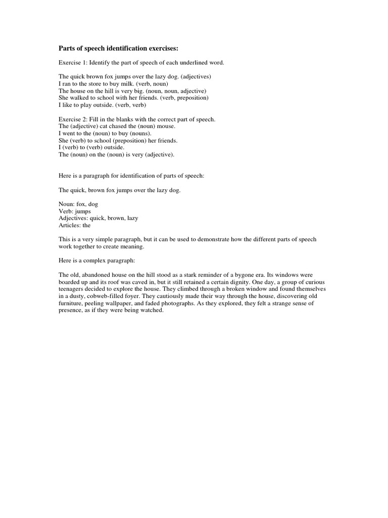 Parts of speech identification exercises | PDF