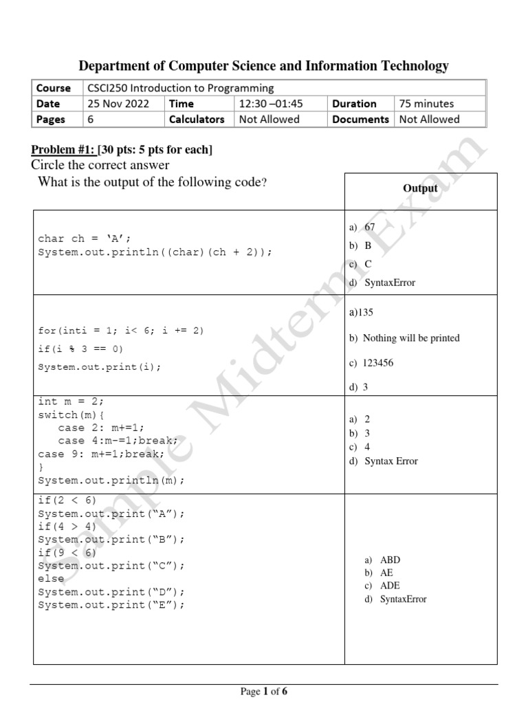 CSCI250 - Sample Midterm Exam | PDF | Computing | Computer Programming