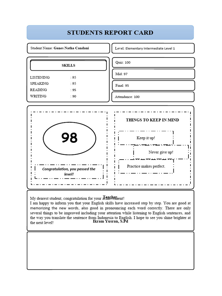 Report Card Level Young Learner - Horu Kane - 2023 | PDF | Cognitive Science | Behavior Modification