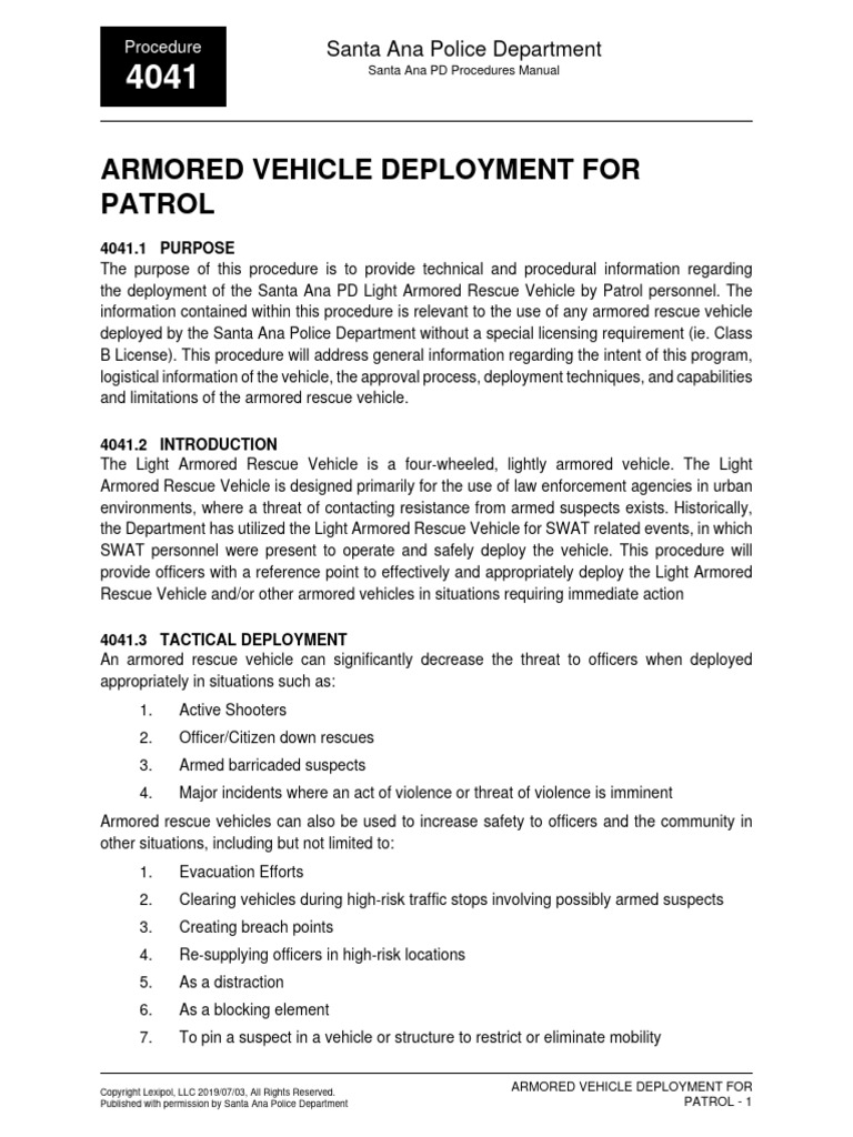 Santa Ana Lexipol Armored Vehicle Policy | PDF | Swat | Police