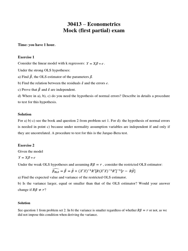 Econometrics Mock exam - solutions | PDF | Ordinary Least Squares | Statistical Inference