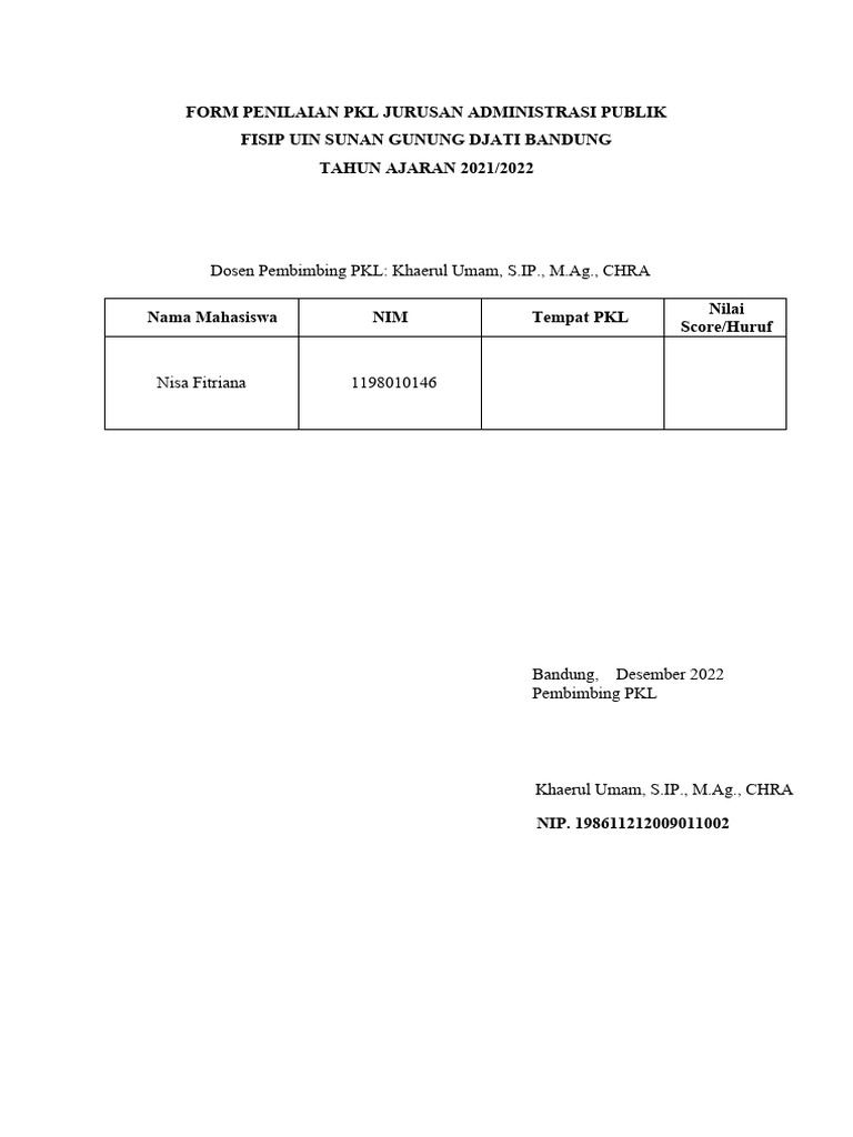 Form Nilai PKL | PDF