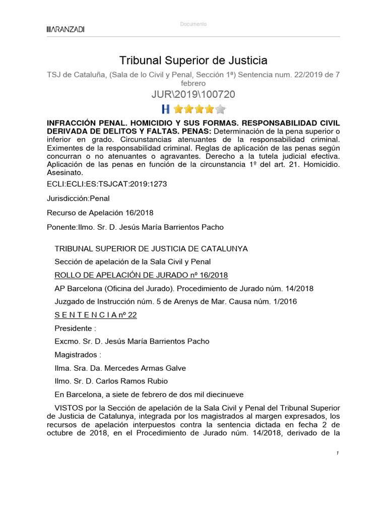 Jur - TSJ de Cataluna, (Sala de Lo Civil y Penal, Seccion 1a) Sentencia Num. 22-2019 de 7 - JUR ...