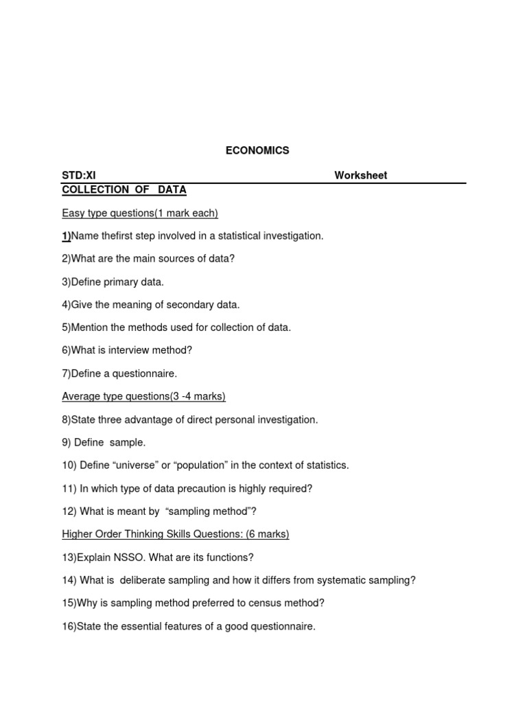 Class 11 Economics: Data Collection Worksheet | PDF
