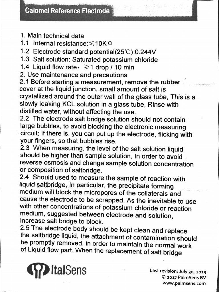 Calomel Reference Electrode Guide | PDF