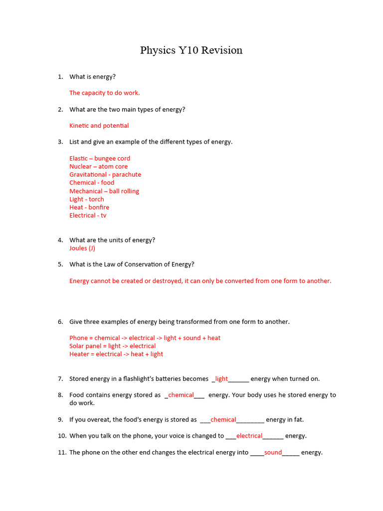 Physics Y10 Revision MK | PDF | Potential Energy | Kinetic Energy