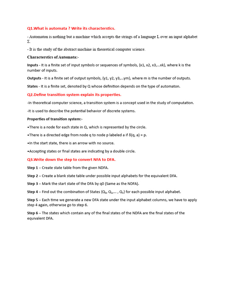 Q1.What Is Automata ? Write Its Characterstics | Download Free PDF | Automata Theory | Computer ...