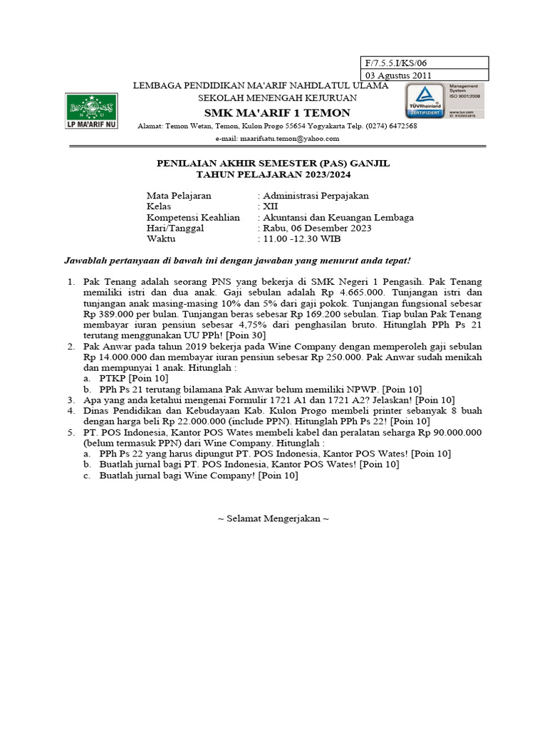 SOAL PAS Dan Kisi-Kisi PAS Kelas XII Sem Ganjil 2023-2024 (Administrasi Perpajakan) | PDF