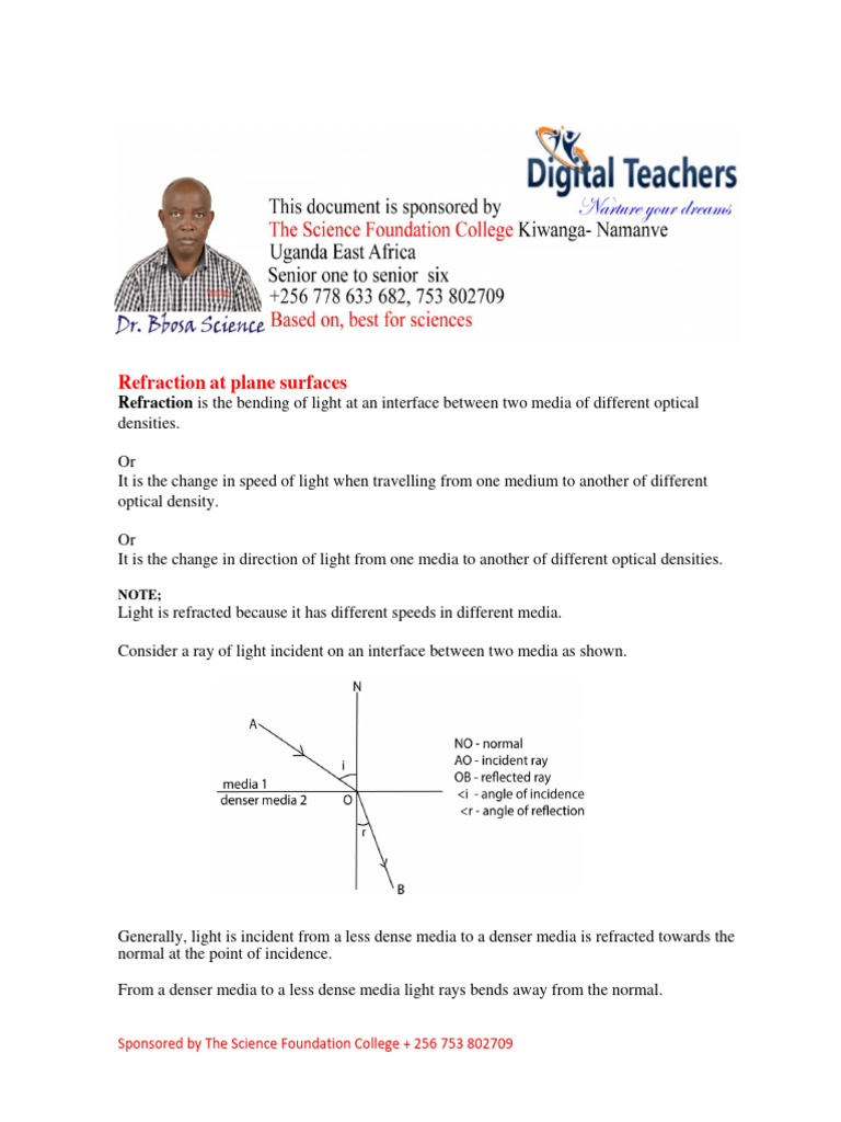 REFRACTION AT PLANE SURFACES Glass Block and Liquids A Level | PDF ...