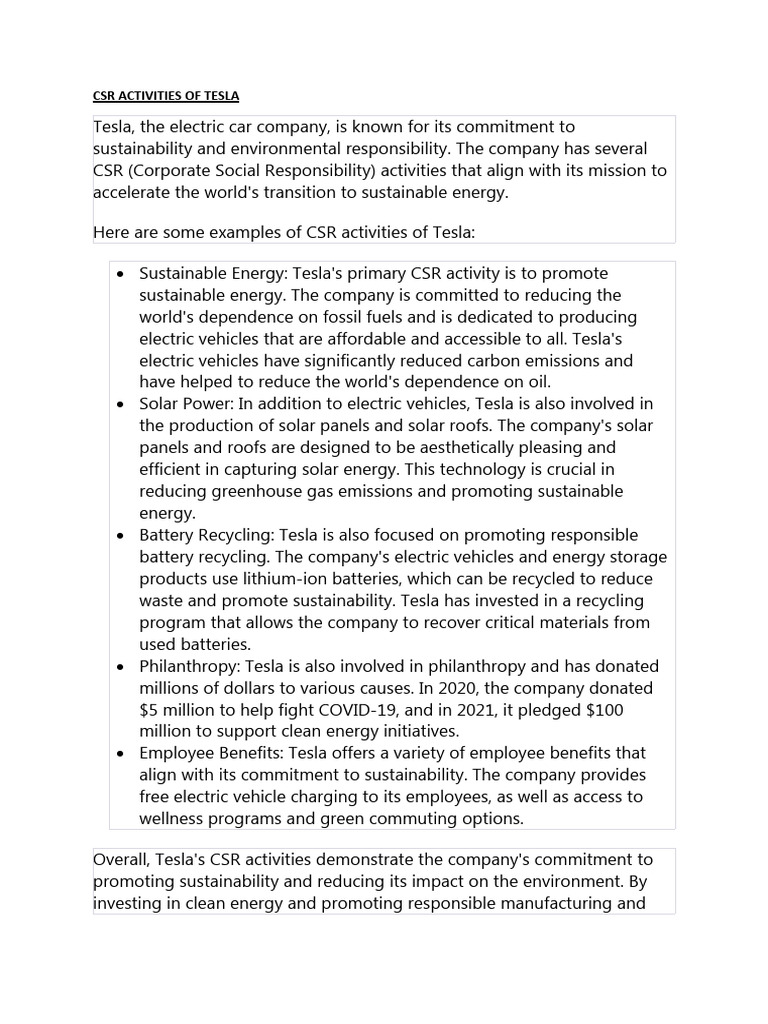 Tesla's Corporate Social Responsibility Initiatives | PDF