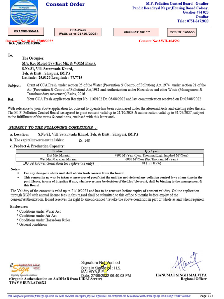 Consent Order - MPPCB-1 | PDF | Waste | Hazardous Waste