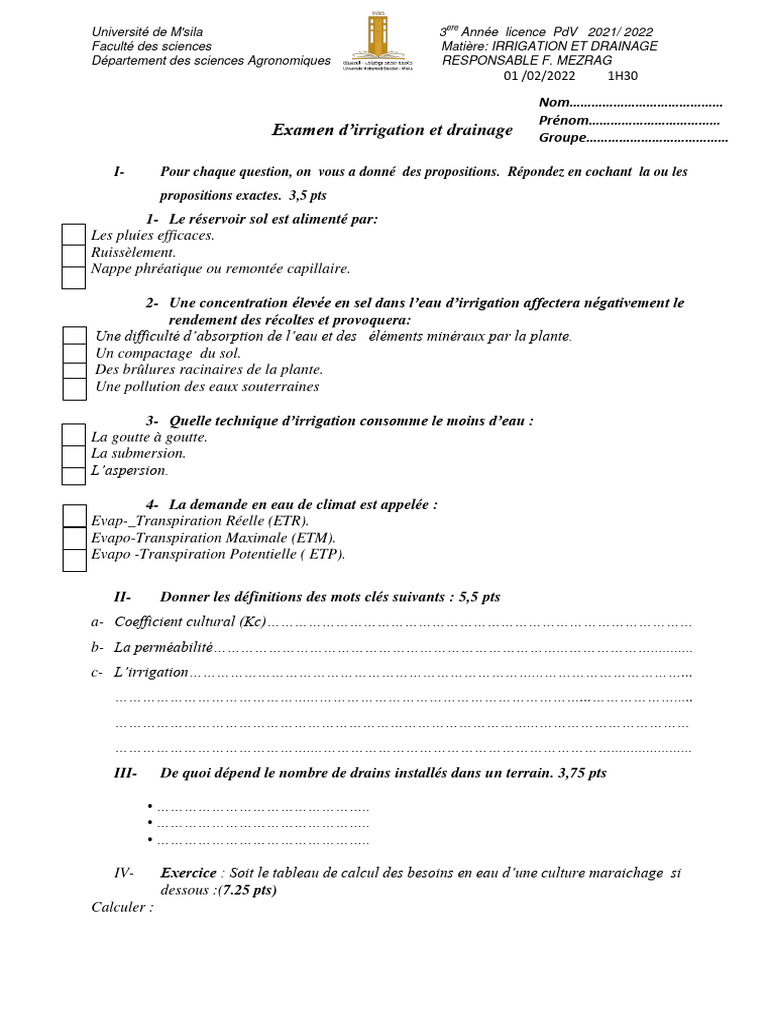 Examen Et Corrige Type Irrigation Et Drainage L3 PDV 2021 2022 | PDF