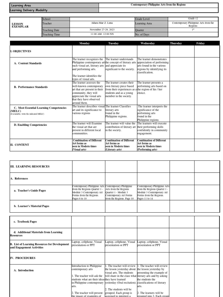 Idea-Exemplar LP Example | PDF | The Arts | Learning