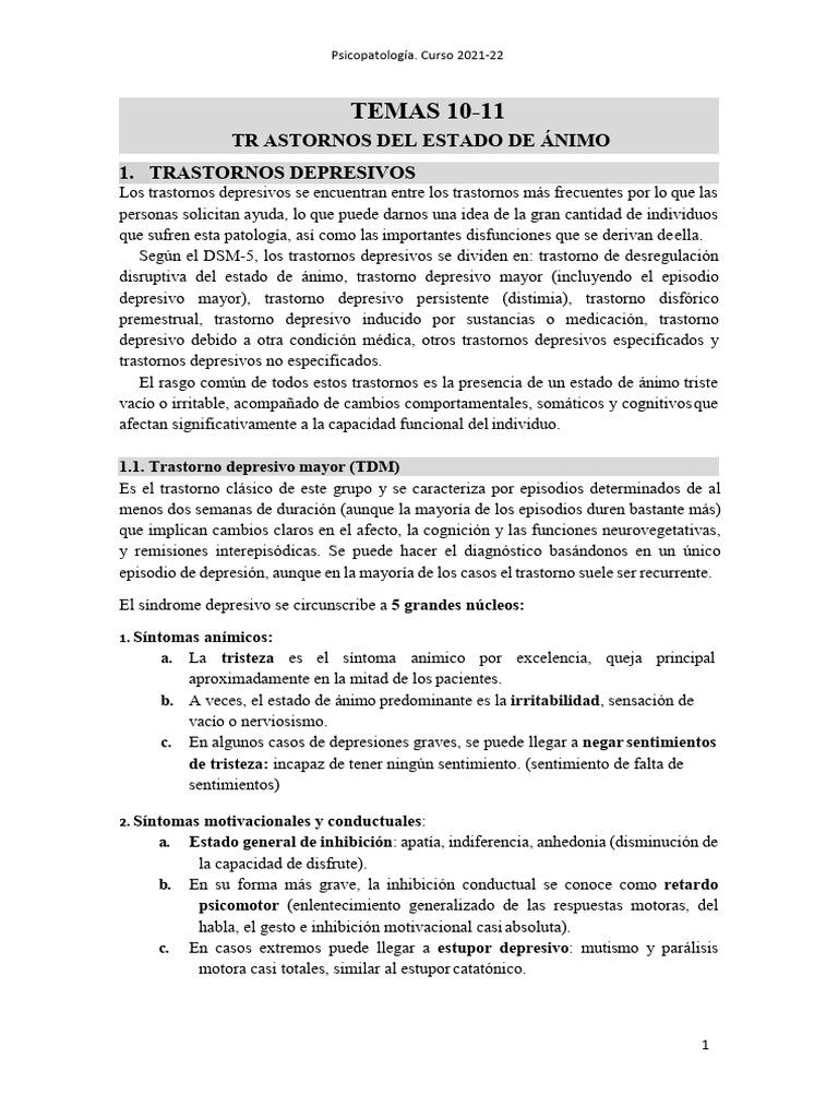 TEMAS 10-11 Trastornos Depresivos y Bipolares | PDF | Trastorno depresivo mayor | Depresión ...