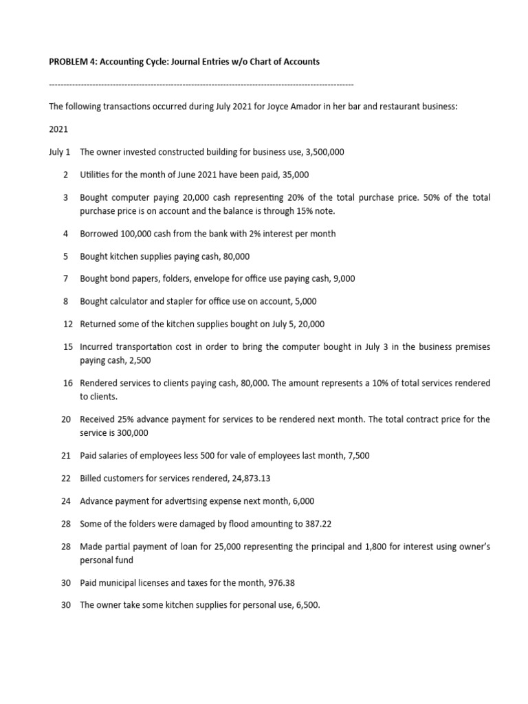 PROBLEM 4 Accounting Cycle Journal Entries Without Chart of Accounts ...