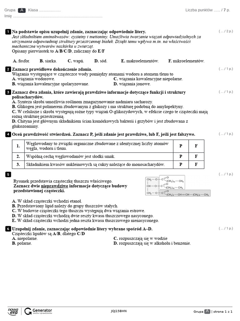 Kartkowka - Chemiczne Podstawy Zycia - Lekcje 1 2 3 Test Z Widoczna ...